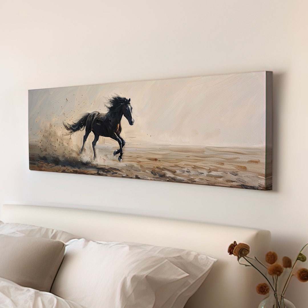 Running Horse Above Bed Wall Art Modern Oil, Panoramic Raging Horse ...