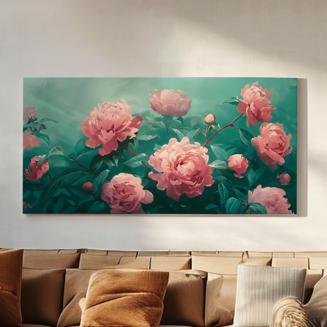 Peony Painting Long Horizontal Wall Art for Bedroom, Panoramic Floral ...