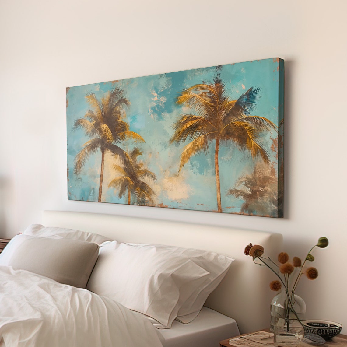 Vintage Abstract Palm Tree Long Horizontal Wall Art for Living Room ...