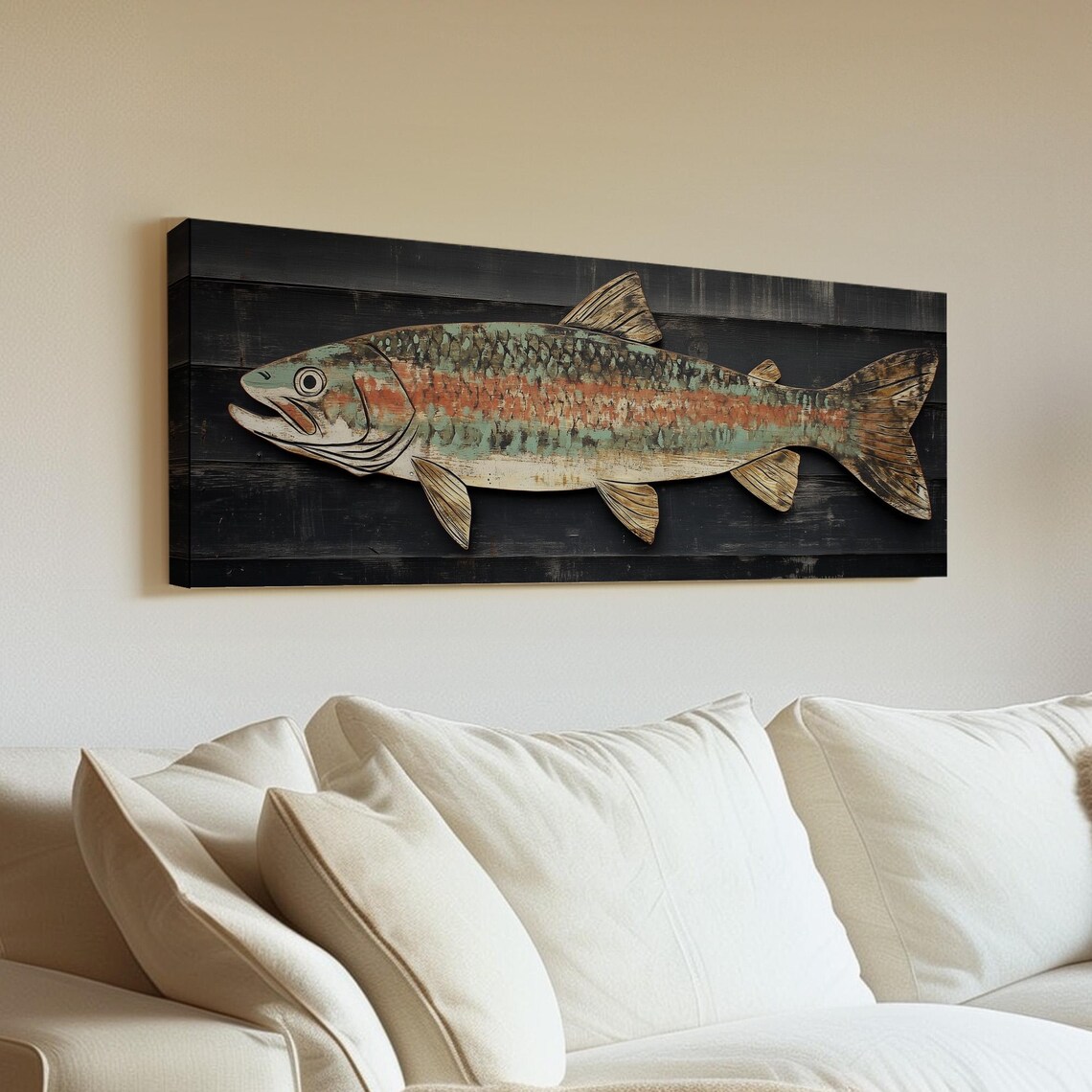 Rustic Trout Panoramic Art Above Bed, Canvas Fishing Shack Wall Art ...
