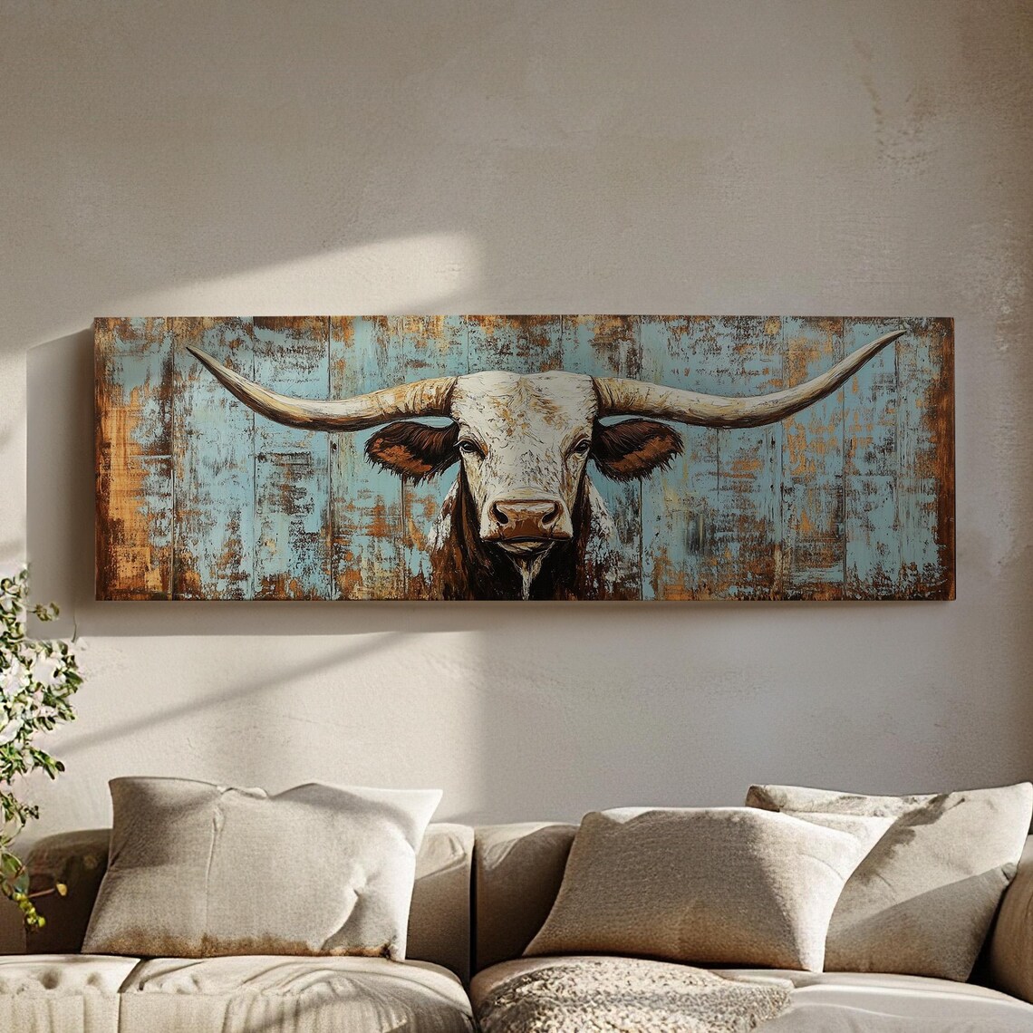 Texas Longhorn Portrait Panoramic Wooden Texture, Minimal Country Charm ...