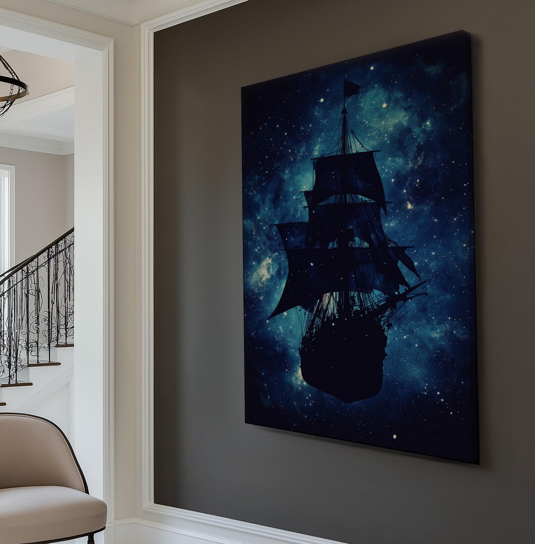 Flying Abstract Pirate Ship Wall Art Starry Night, Vertical Nautical ...