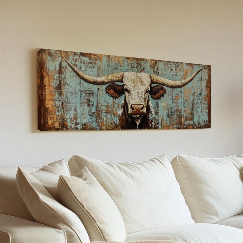 Texas Longhorn Portrait Panoramic Wooden Texture, Minimal Country Charm ...