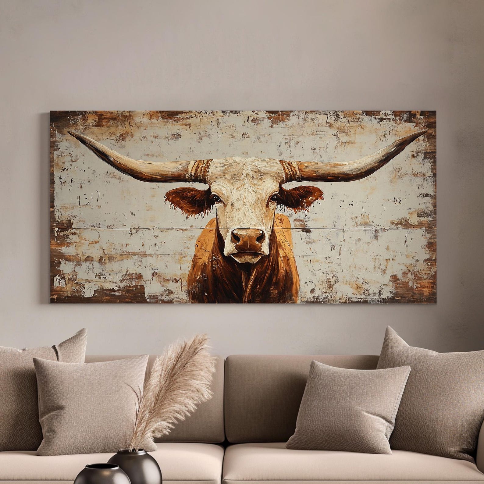 Rustic Texas Longhorn Portrait Lanscape Wooden Texture, 2x1 Country ...
