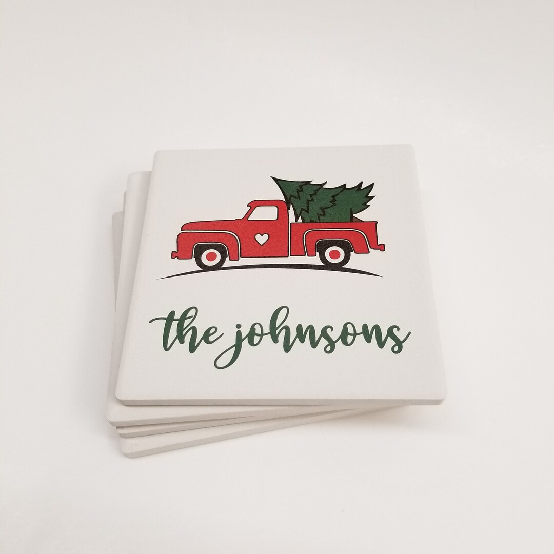 Personalized Family Name Ceramic Coasters, Christmas Truck Design - Etsy UK