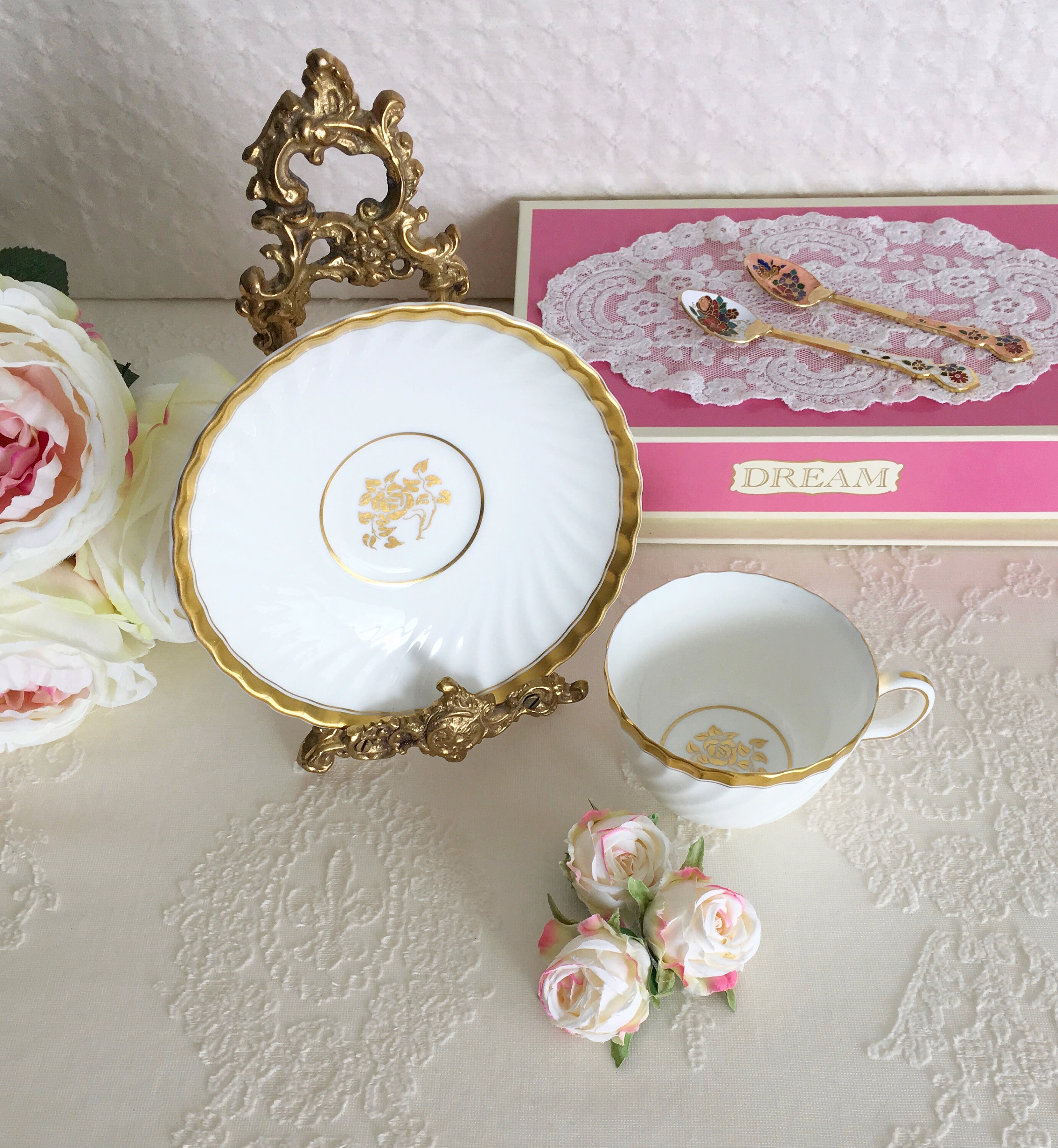Elegant Minton Gold Rose Teacup and Saucer Vintage White and Gold Bone ...