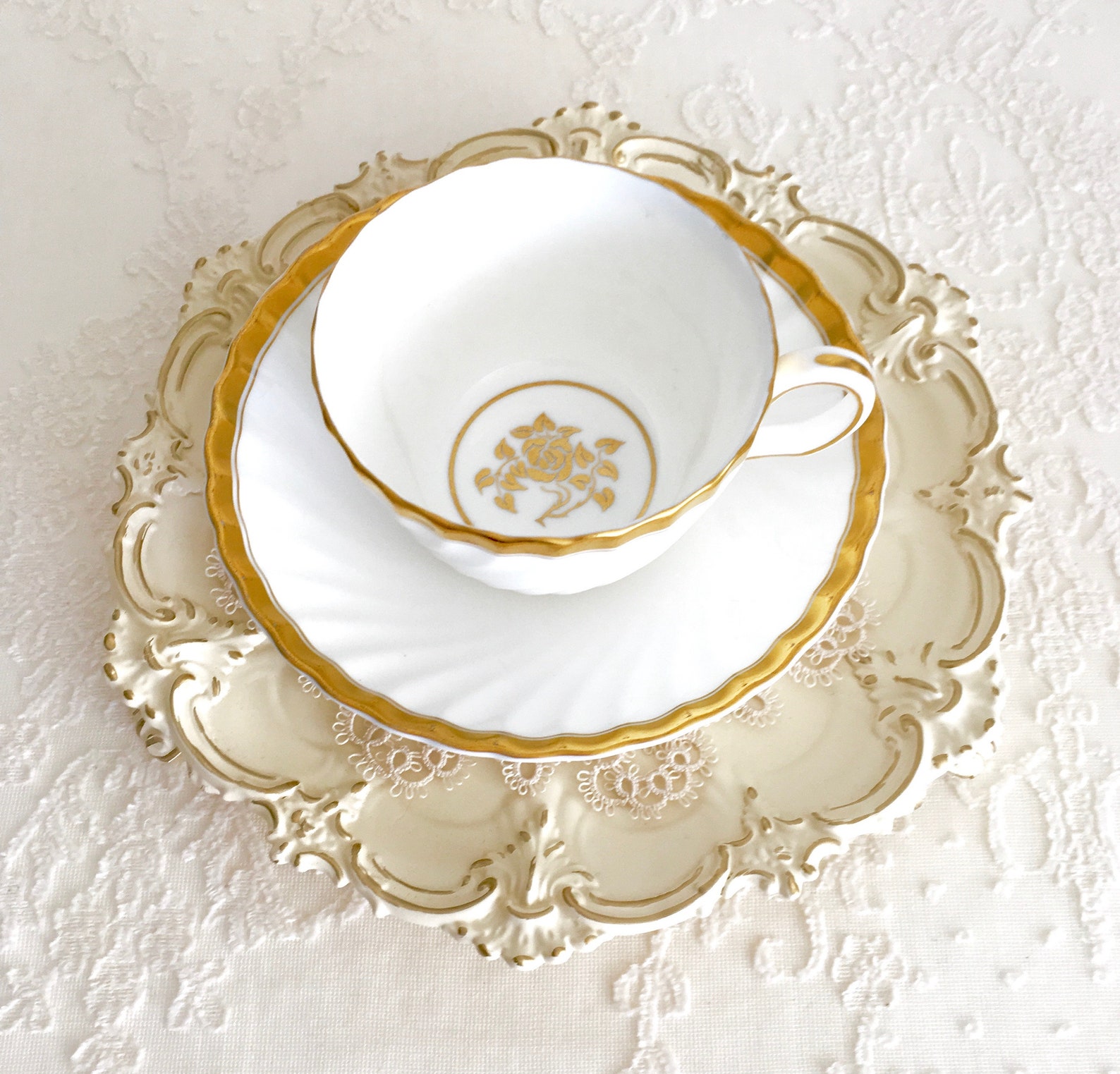 Elegant Minton Gold Rose Teacup and Saucer Vintage White and Gold Bone ...
