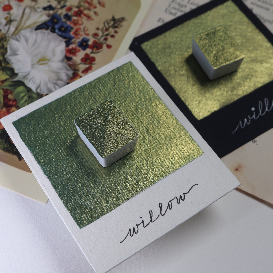 Willow - SHIMMER Color Calligraphy Solid Ink - Single Half Pan of Handmade Metallic Watercolor ...