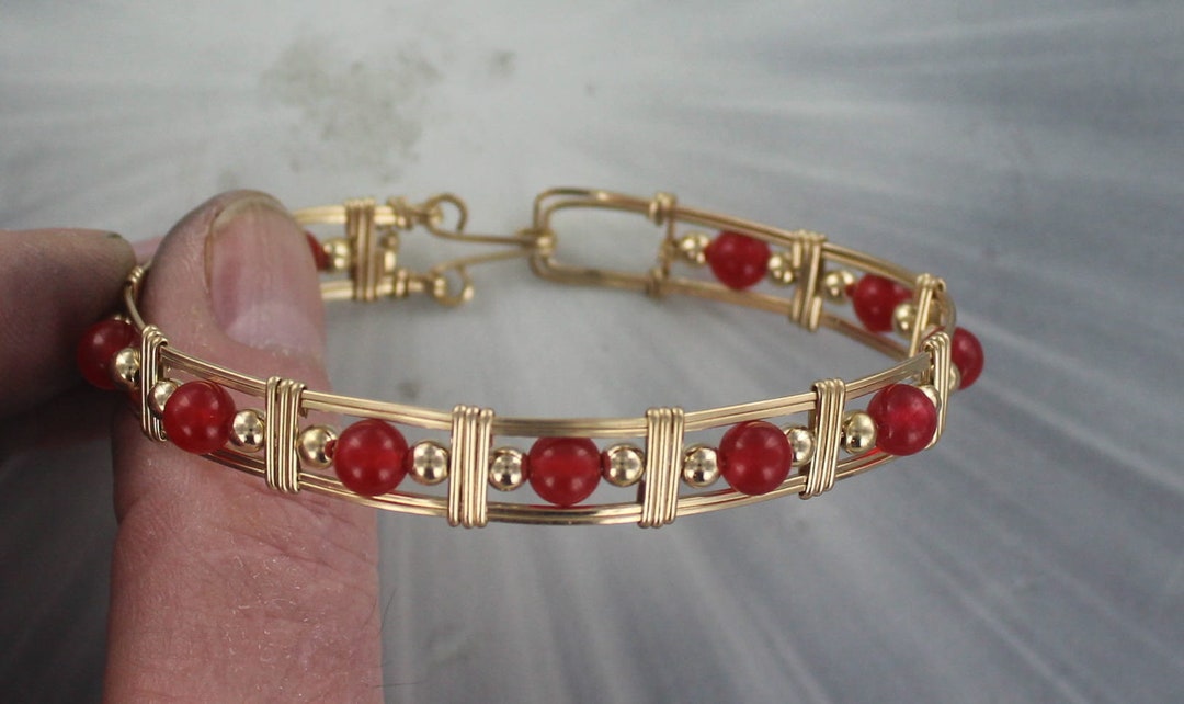 Red Jade Bracelet - 14kt Rolled Gold - Wire Wrapped Size 6 to 8 1/2 - - Gift for Her - Gemstone ...
