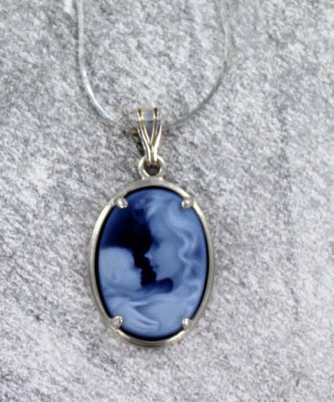 Blue Agate Cameo Necklace - Sterling Silver Setting - With Chain ...