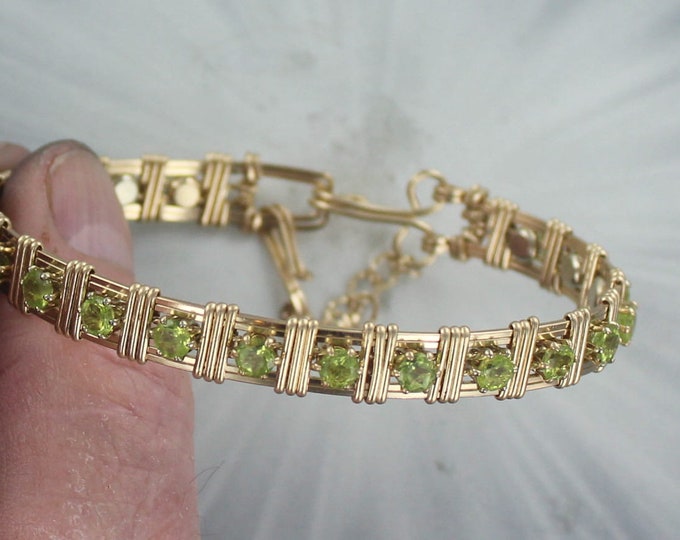 Peridot Bracelet - 14kt Rolled Gold - Size 6 to 8 - Wire Wrapped ...