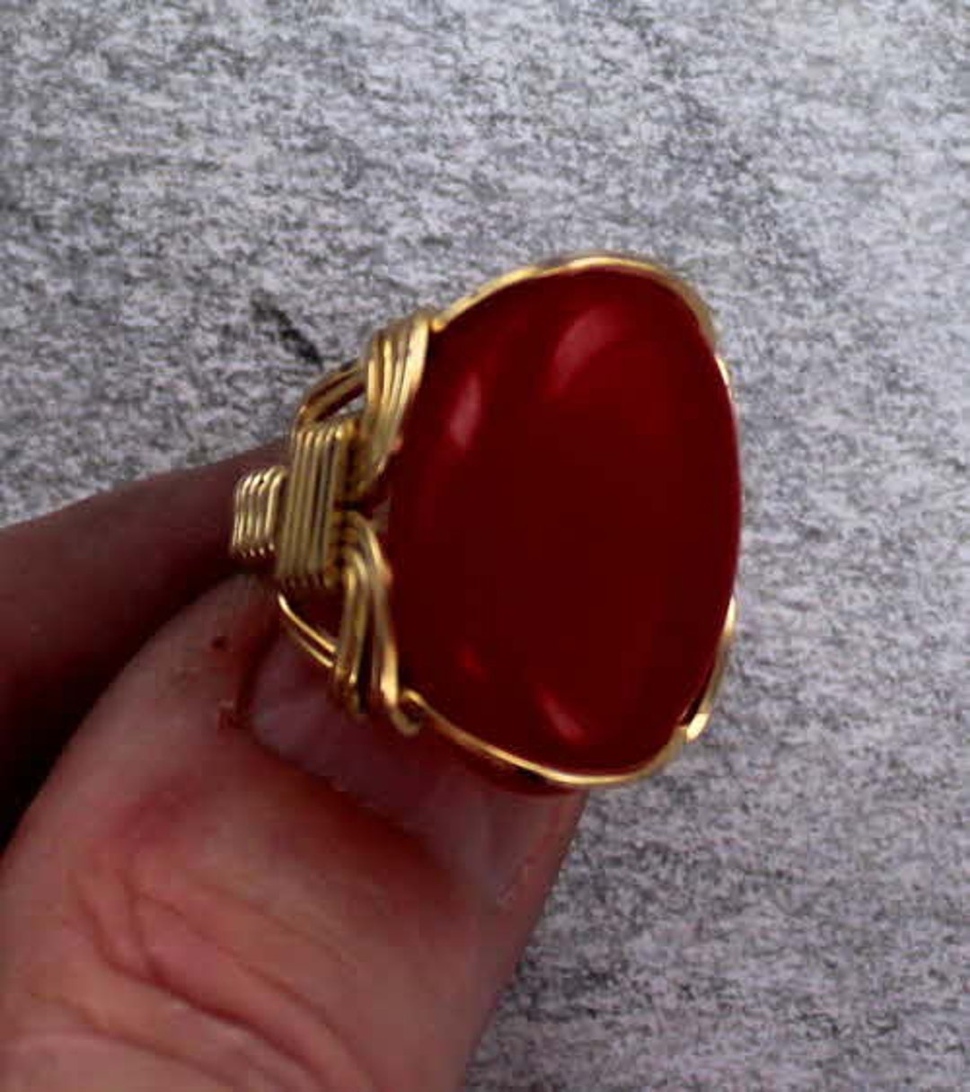 Natural Red Jade Gemstone Ring in 14kt. Rolled Gold ---- -- Made to Fit ...