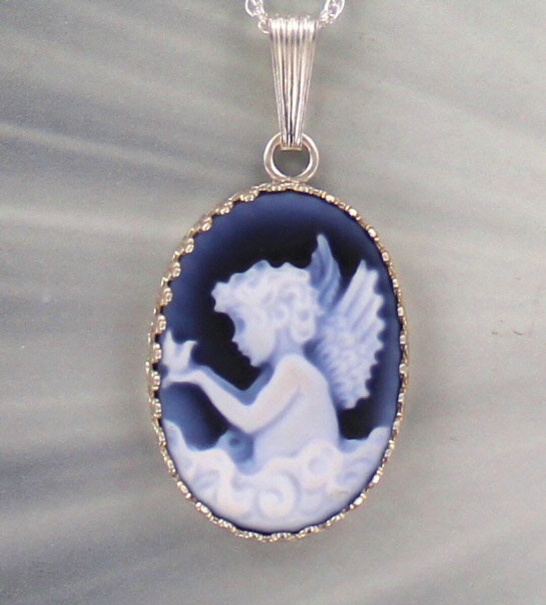 Blue Agate Cameo - Angel Cameo - Sterling Silver Setting - With Chain ...
