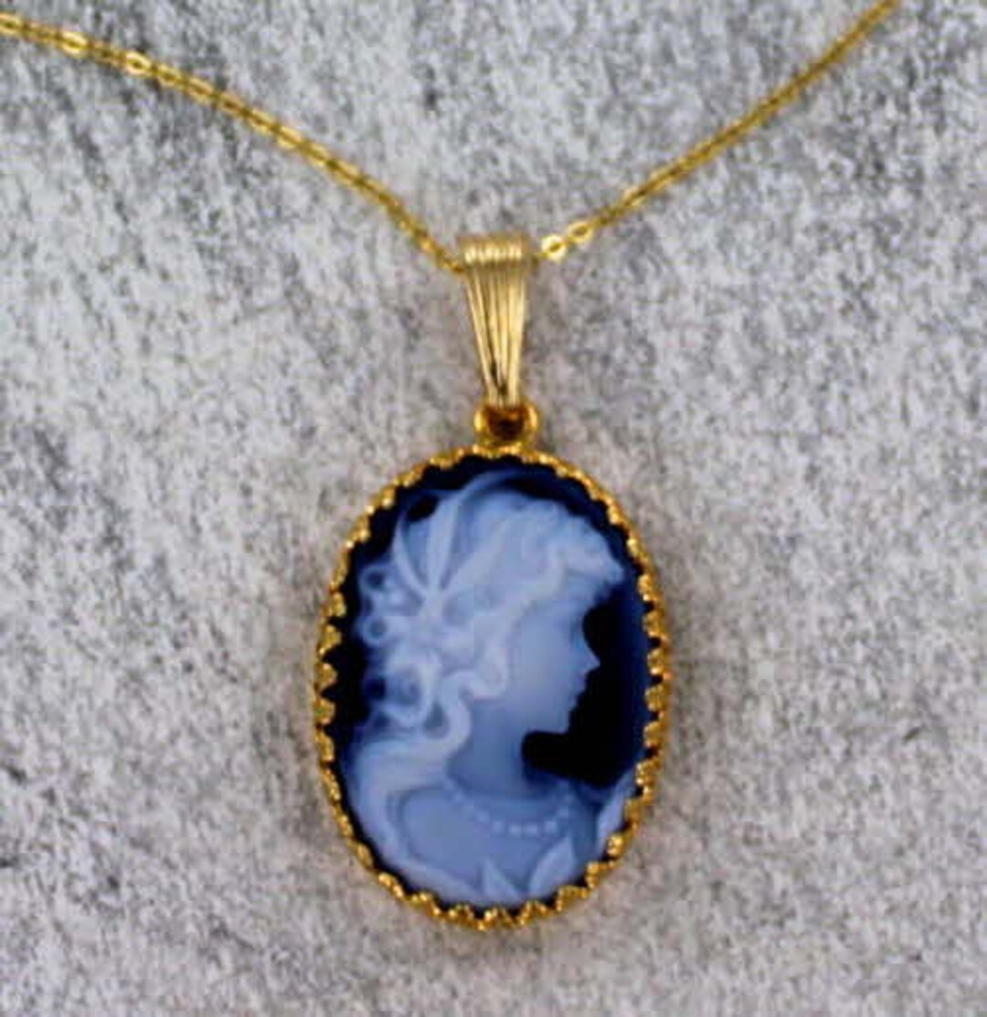 Blue Agate Cameo Necklace - 14kt Rolled Gold - Carved in Germany - Gift ...