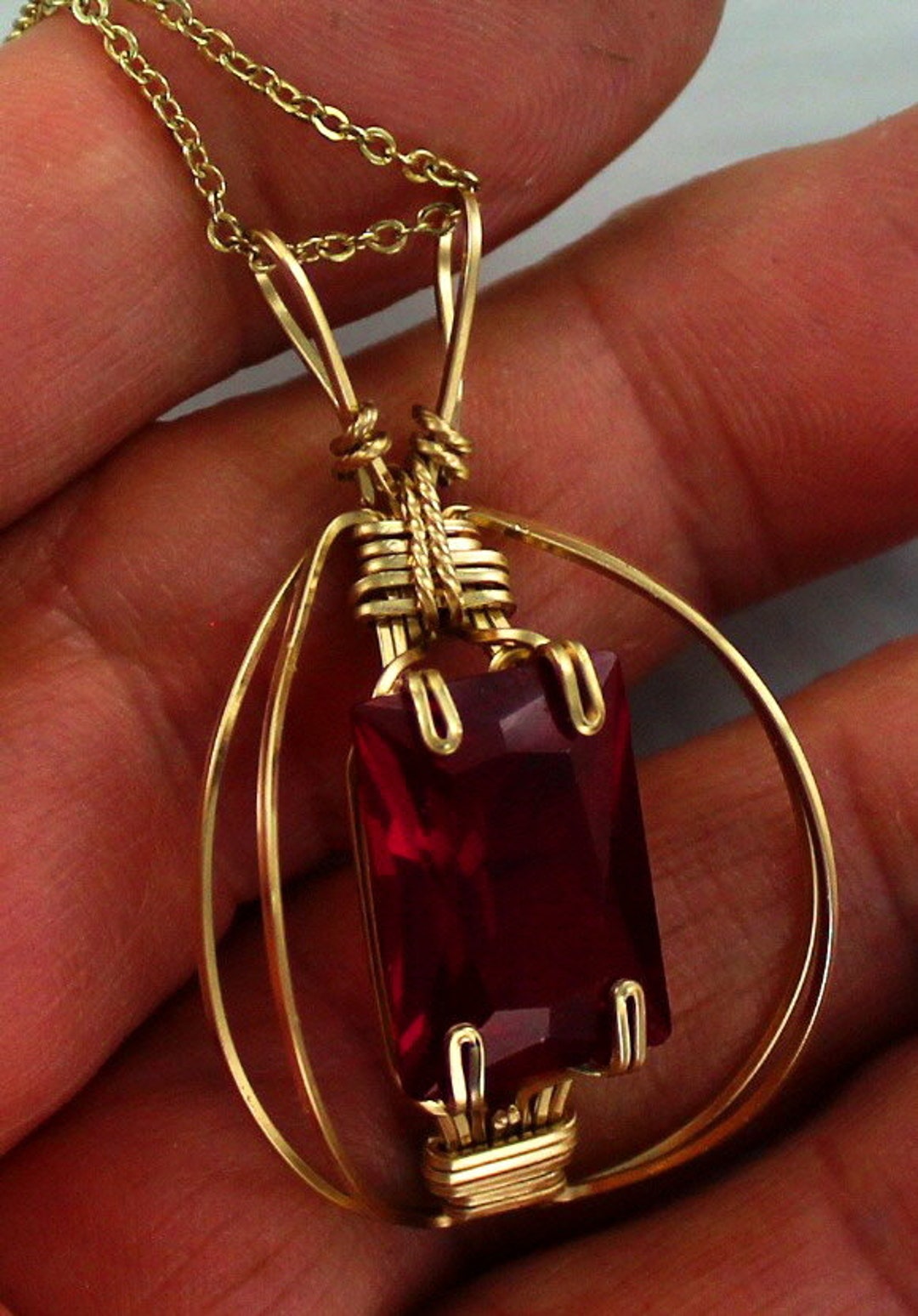 Ruby Gemstone Necklace Lab Created Wire Wrapped 14kt Gold July ...