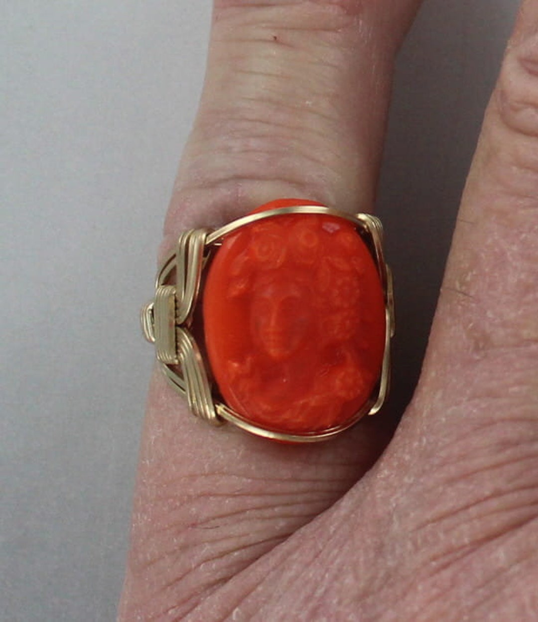 Vintage Cameo Ring - Resin Coral Cameo Ring - in 14kt Rolled Gold ...
