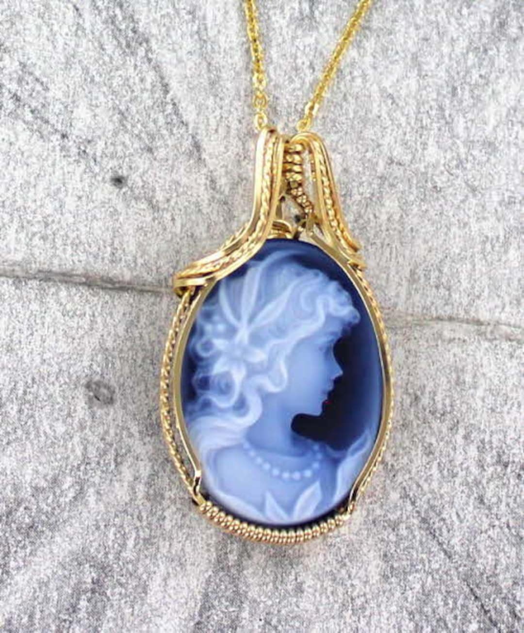 Blue Agate Cameo Necklace - 14kt Rolled Gold - Carved in Germany - Gift ...