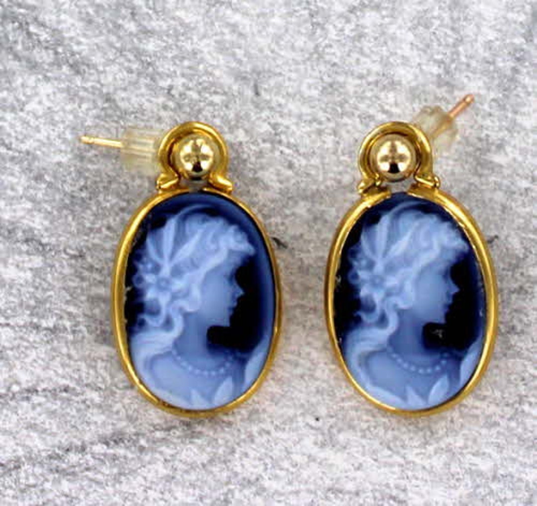 Blue Agate Cameo Earrings - Carved in Germany - 14kt Rolled Gold ...