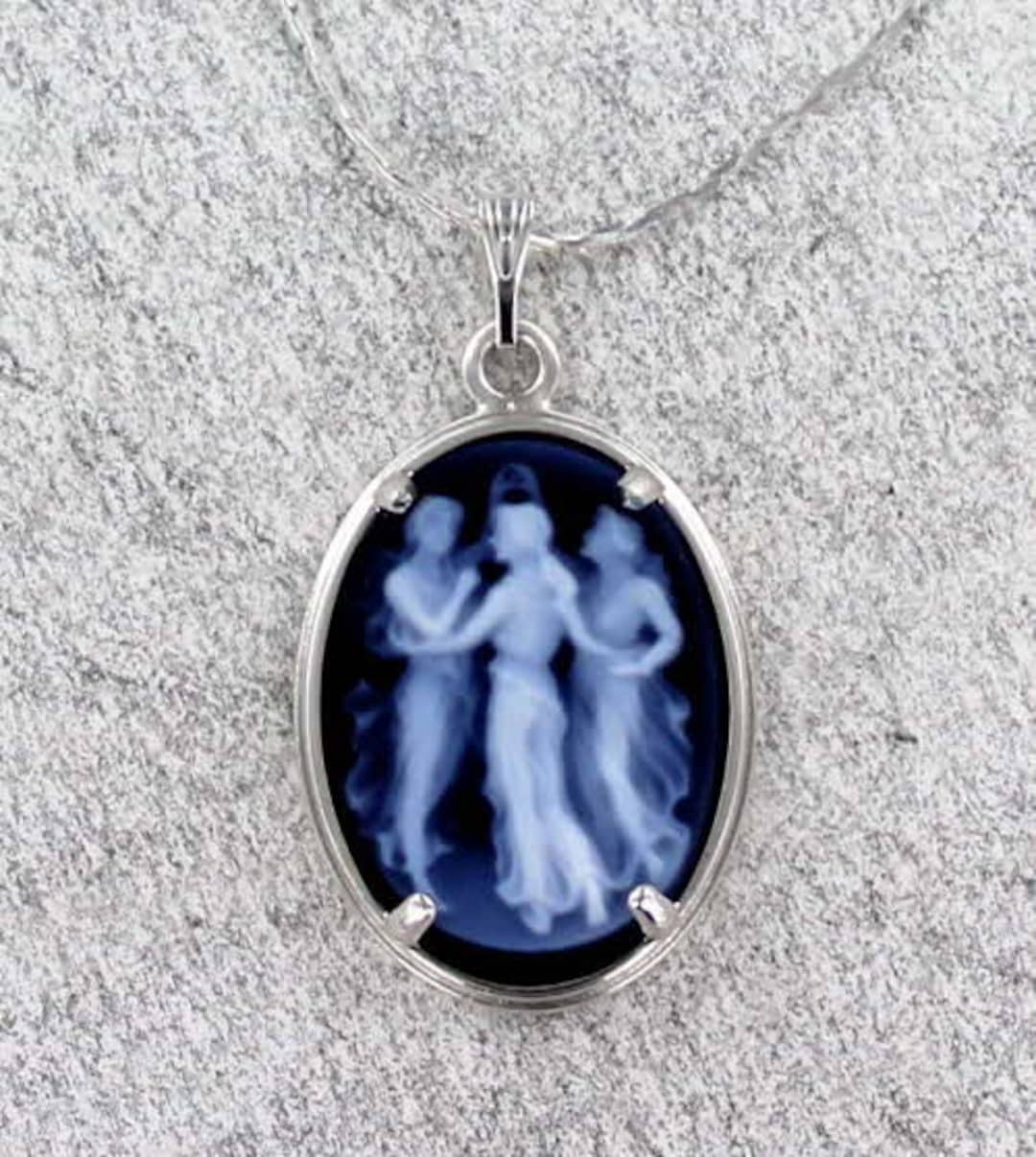 Blue Agate Cameo Necklace Sterling Silver Setting Carved in Germany 3 ...