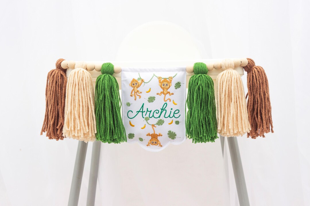 Monkey High Chair Banner, Safari Birthday Garland, Embroidered Name ...