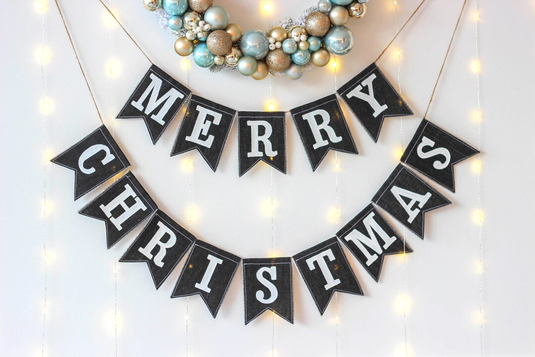 Merry Christmas Black Banner, Christmas Banner for Mantel, Xmas Banner ...