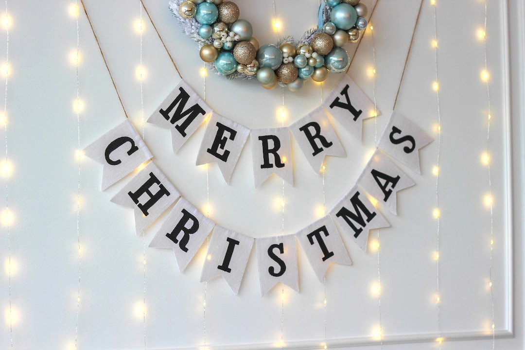 Merry Christmas Banner, Vintage Christmas Tree Bunting, Holiday ...