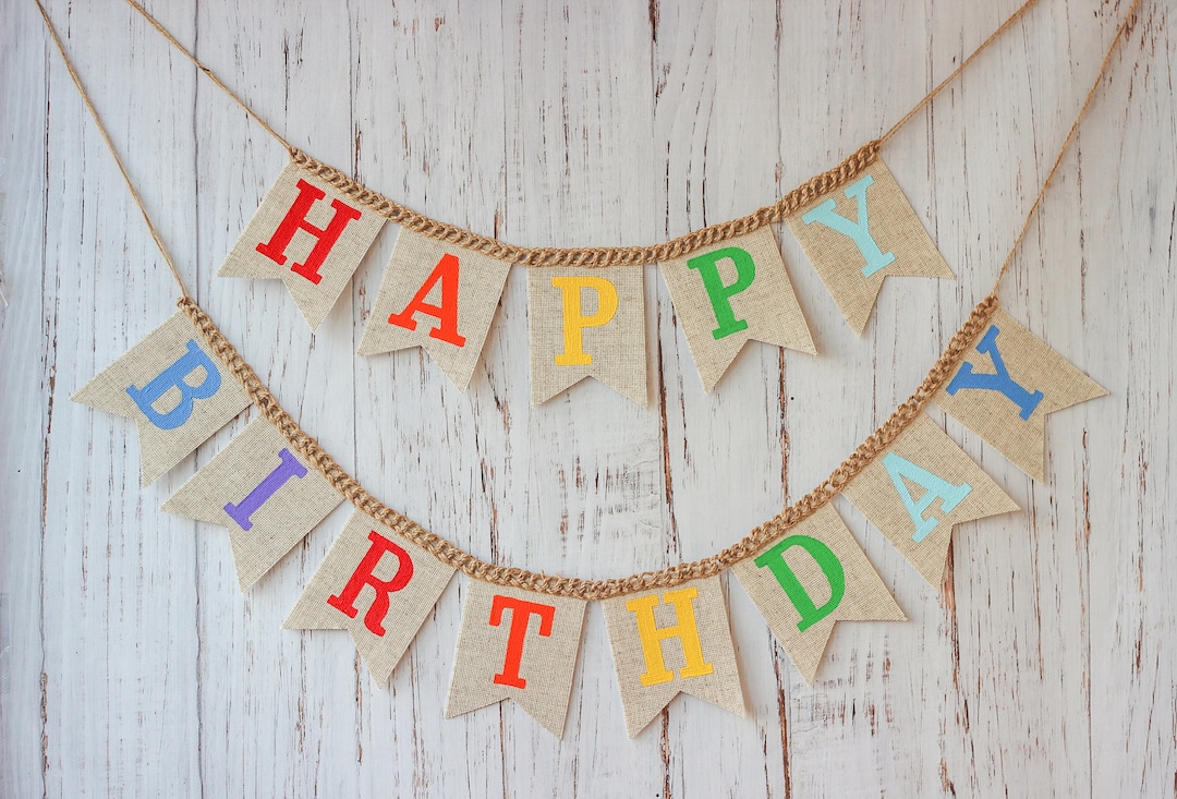 Rainbow Happy Birthday Banner Burlap Custom Name Birthday Banner ...