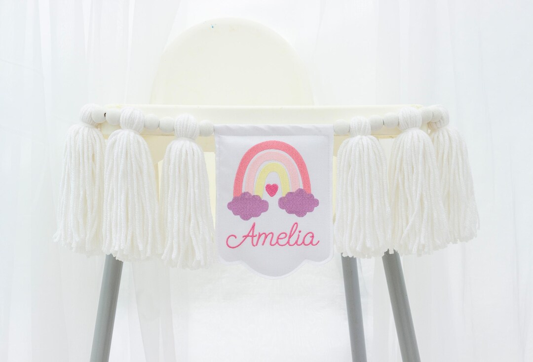 Embroidered Pink Rainbow High Chair Banner • Baby Name Banner for First ...
