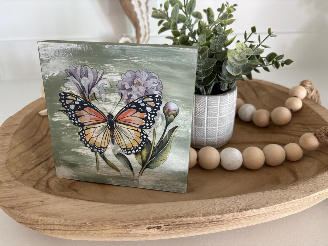Wood Butterfly Block, Monarch Butterfly & Floral, Gift for Sister or ...