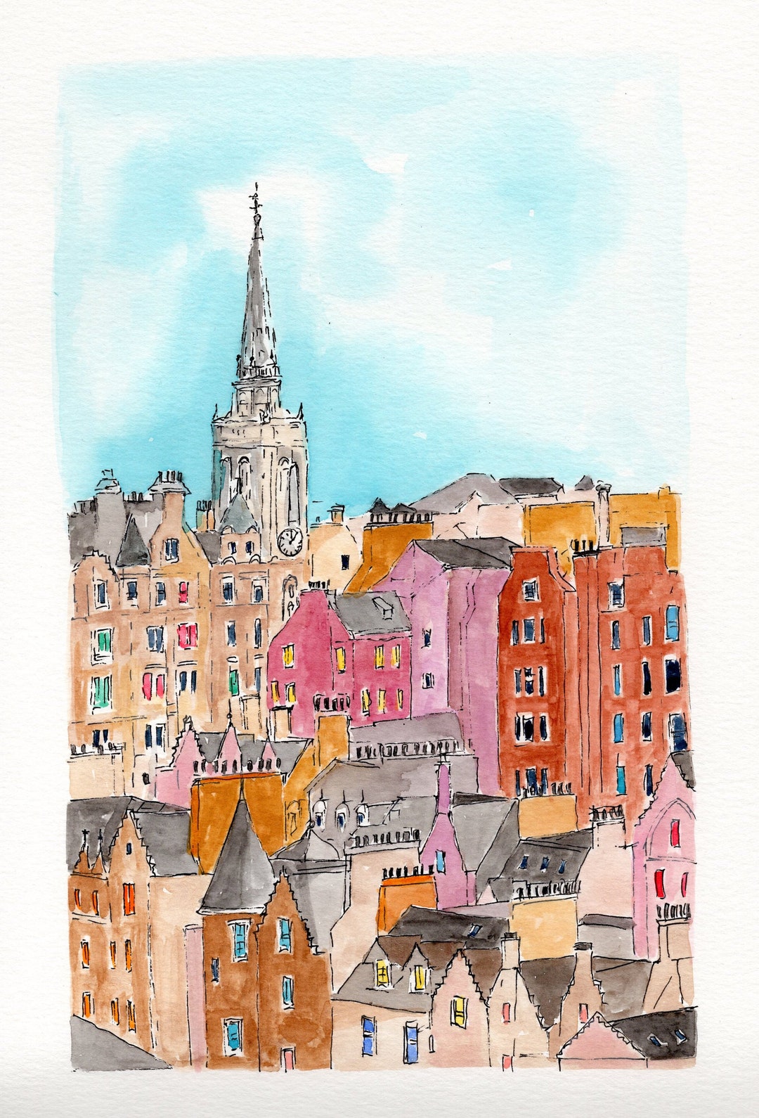 Edinburgh Original Watercolor Painting, Scotland Edinburgh Old Town ...