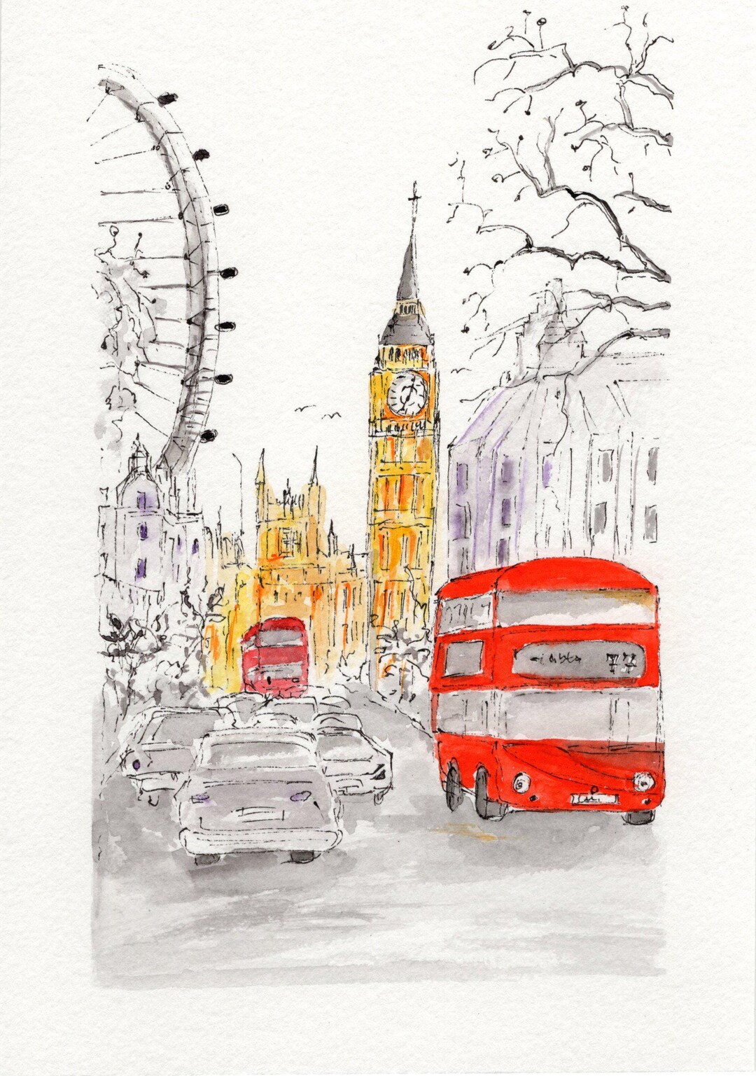 London Original Watercolor Painting, London Big Ben Watercolor Painting ...