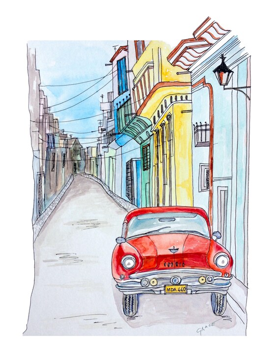 Havana Cuba Watercolor Paintingart Print Cuba Painting - Etsy