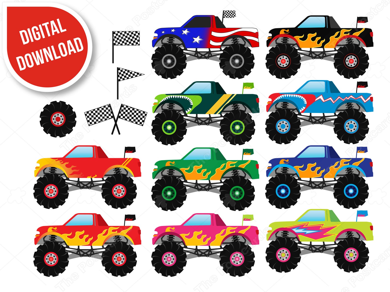Monster Trucks Clip Art Set INSTANT DOWNLOAD Digital Clipart - Racing ...