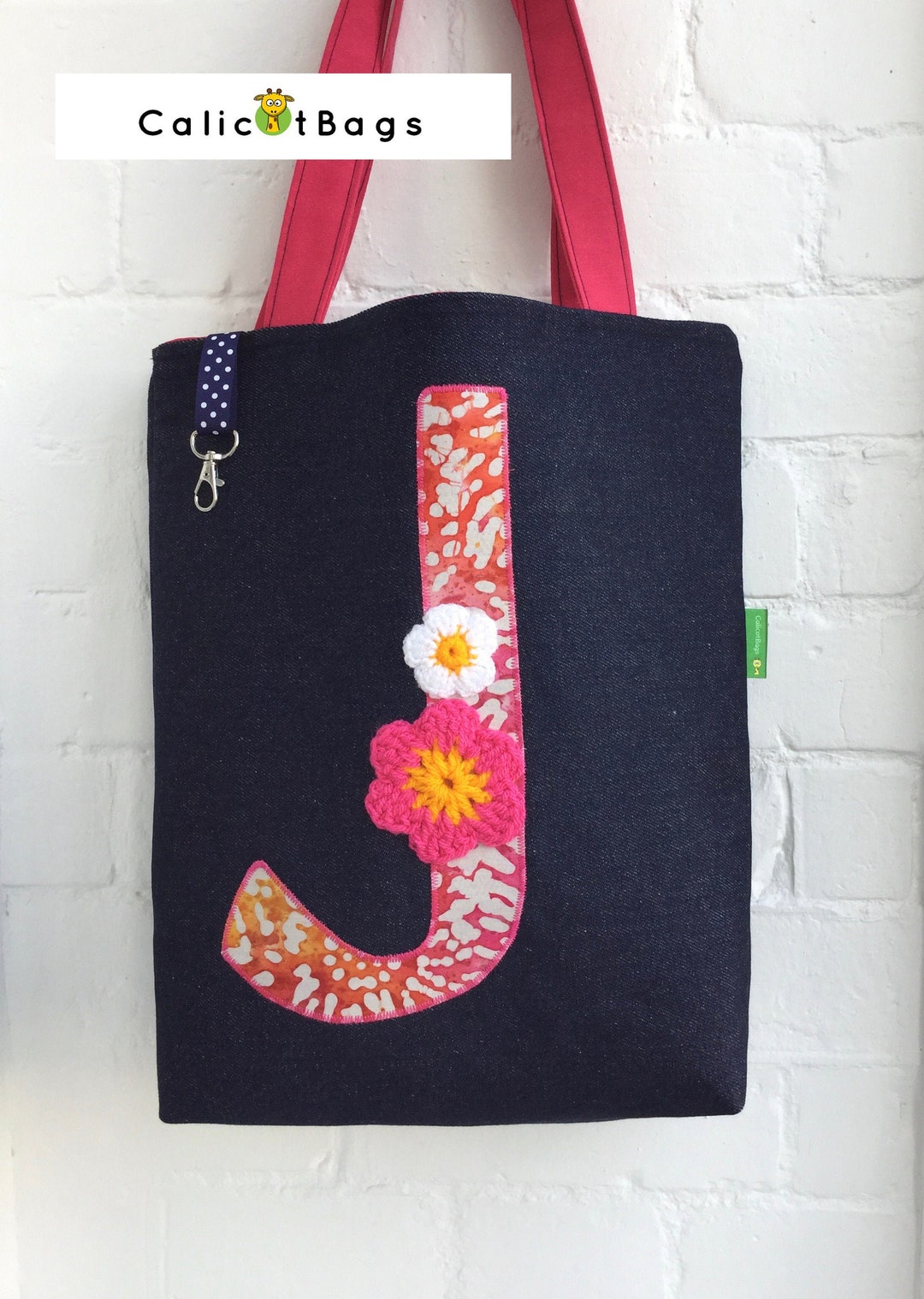 Letter J Personalised Tote Bag Denim Batik, Initial, Alphabet, Pink - Etsy