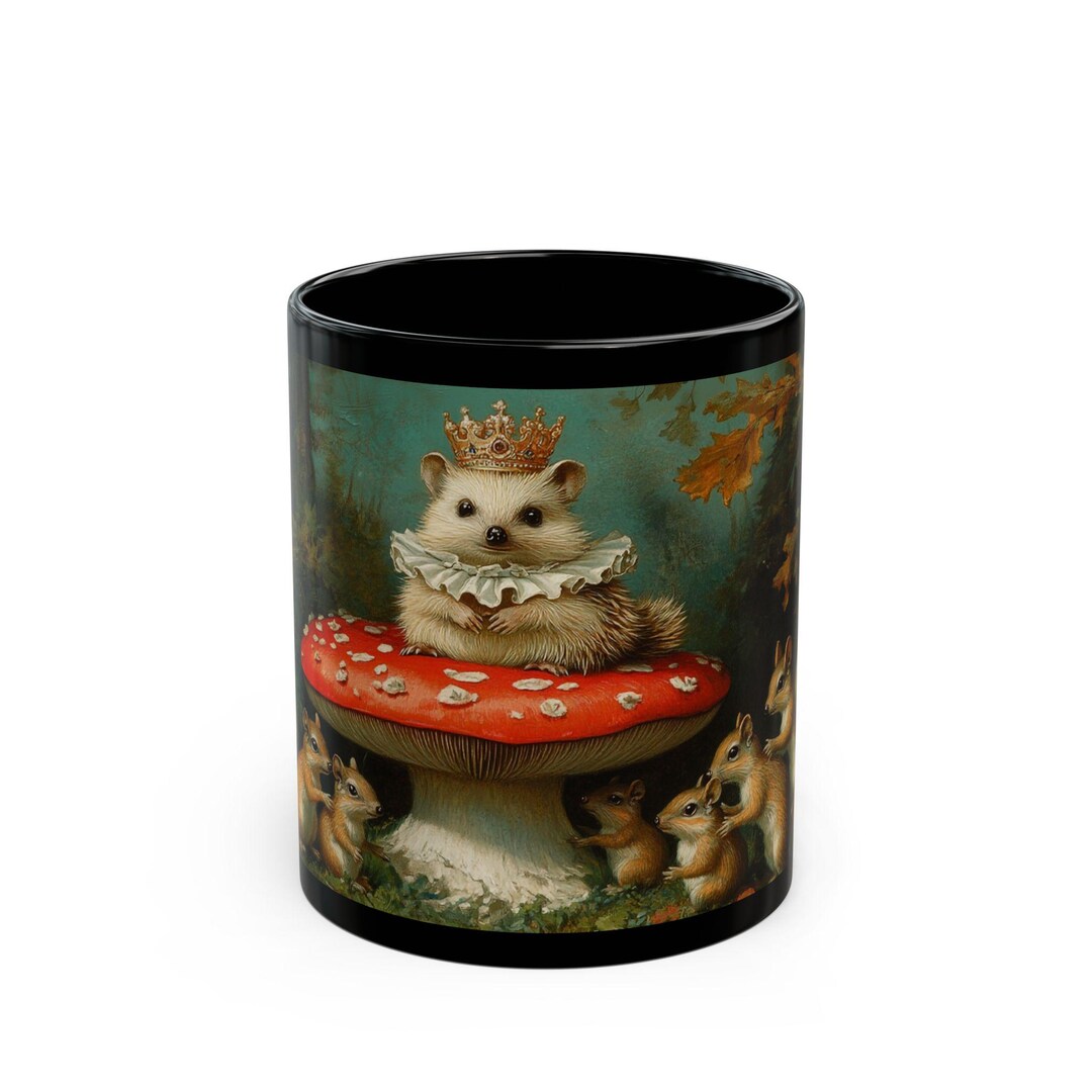 Hedgehog King Mushroom Toadstool Forest Animals Black Mug 11oz, 15oz - Etsy