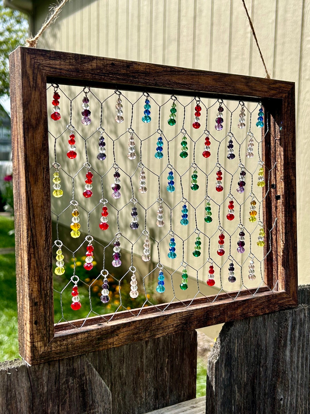 Glass Bead Suncatcher Wood Frame Chickenwire Rainbow Outdoor Garden ...