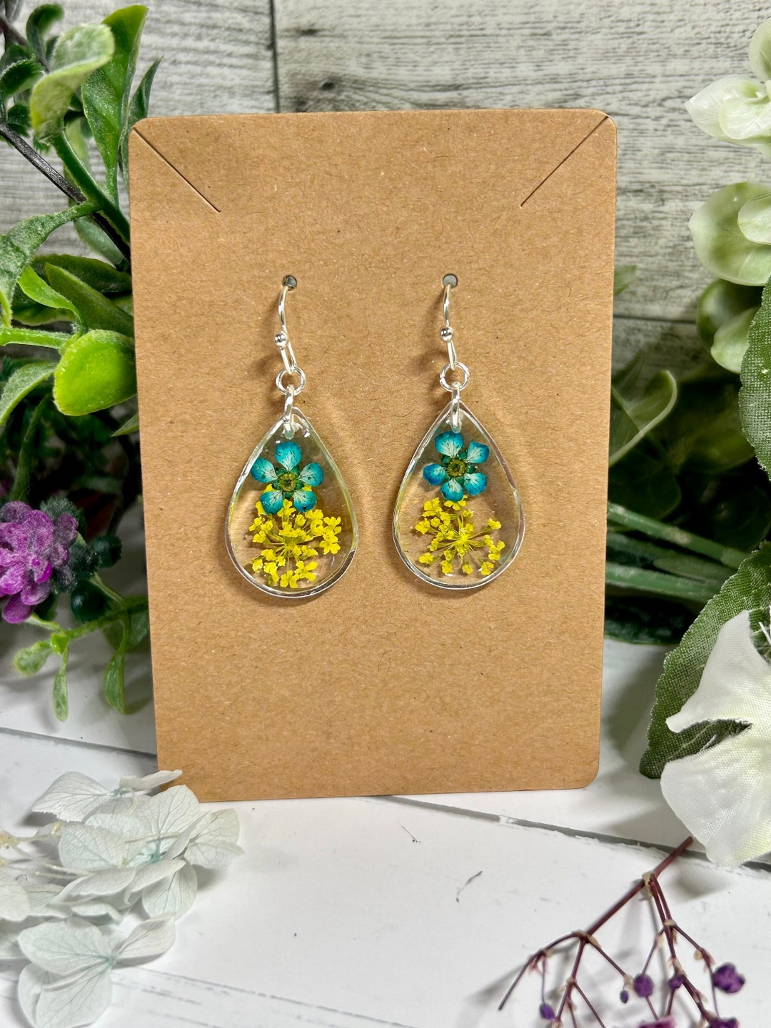 Floral Teal Yellow Resin Tear Drop Earrings Handmade Spring Summer ...