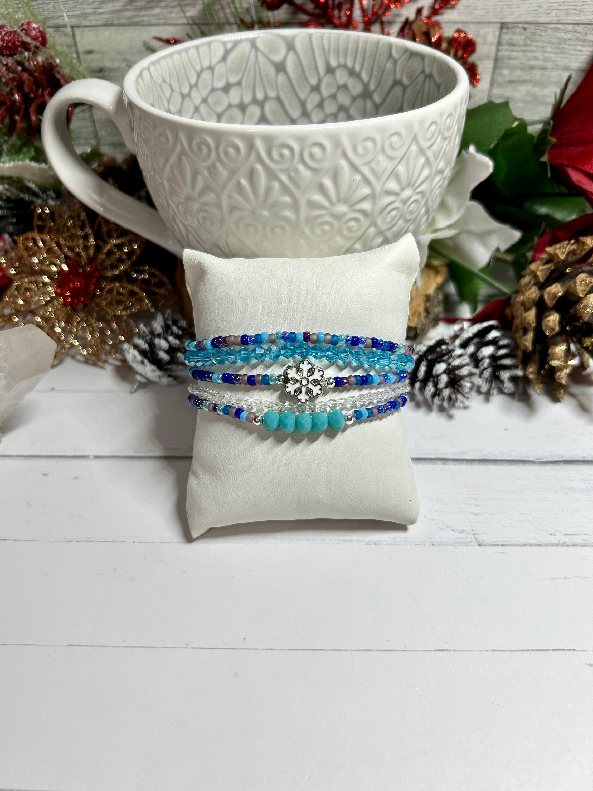 Snowflake Blue Seed Bead Stretch Bracelet Set Holiday Winter Handmade ...