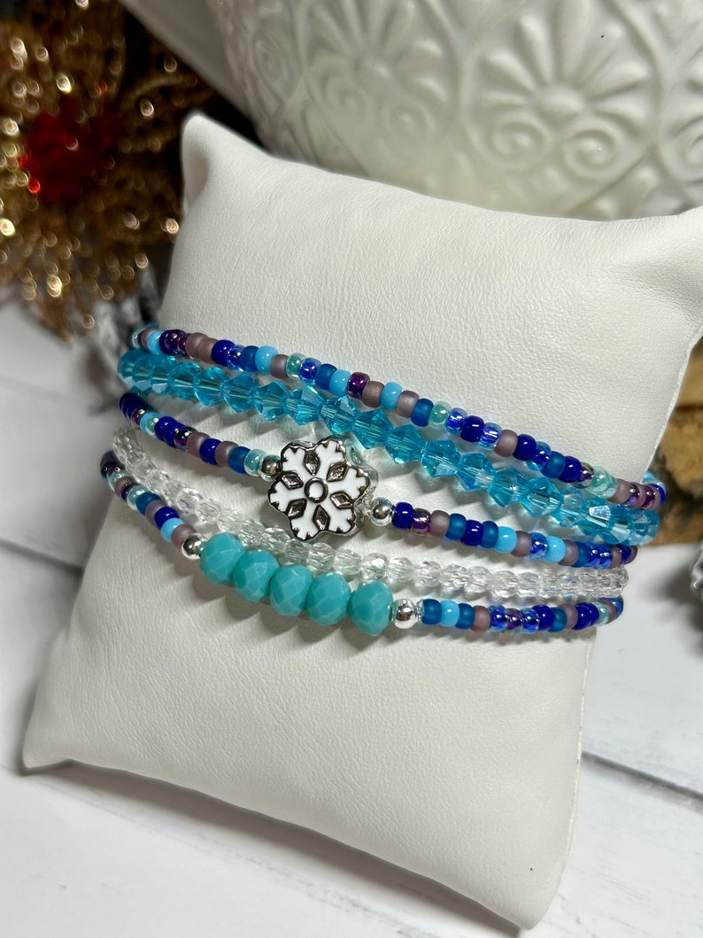 Snowflake Blue Seed Bead Stretch Bracelet Set Holiday Winter Handmade ...