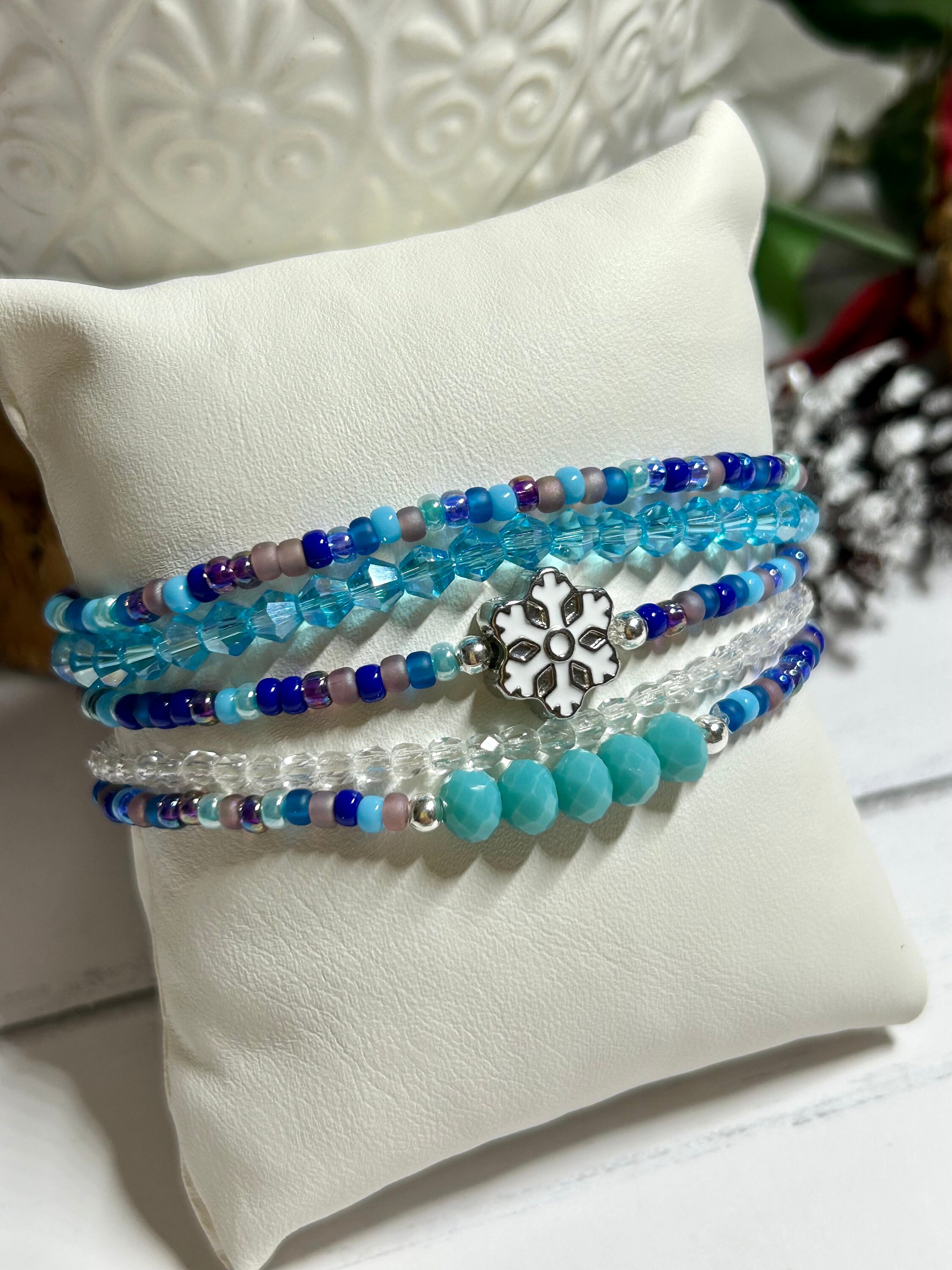 Snowflake Blue Seed Bead Stretch Bracelet Set Holiday Winter Handmade ...