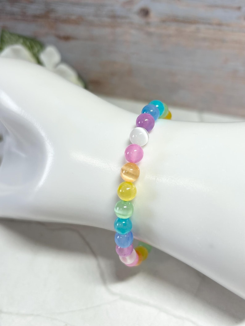 Selenite Gypsum Colorful Pastel Gemstone Beaded Stretch Bracelet ...