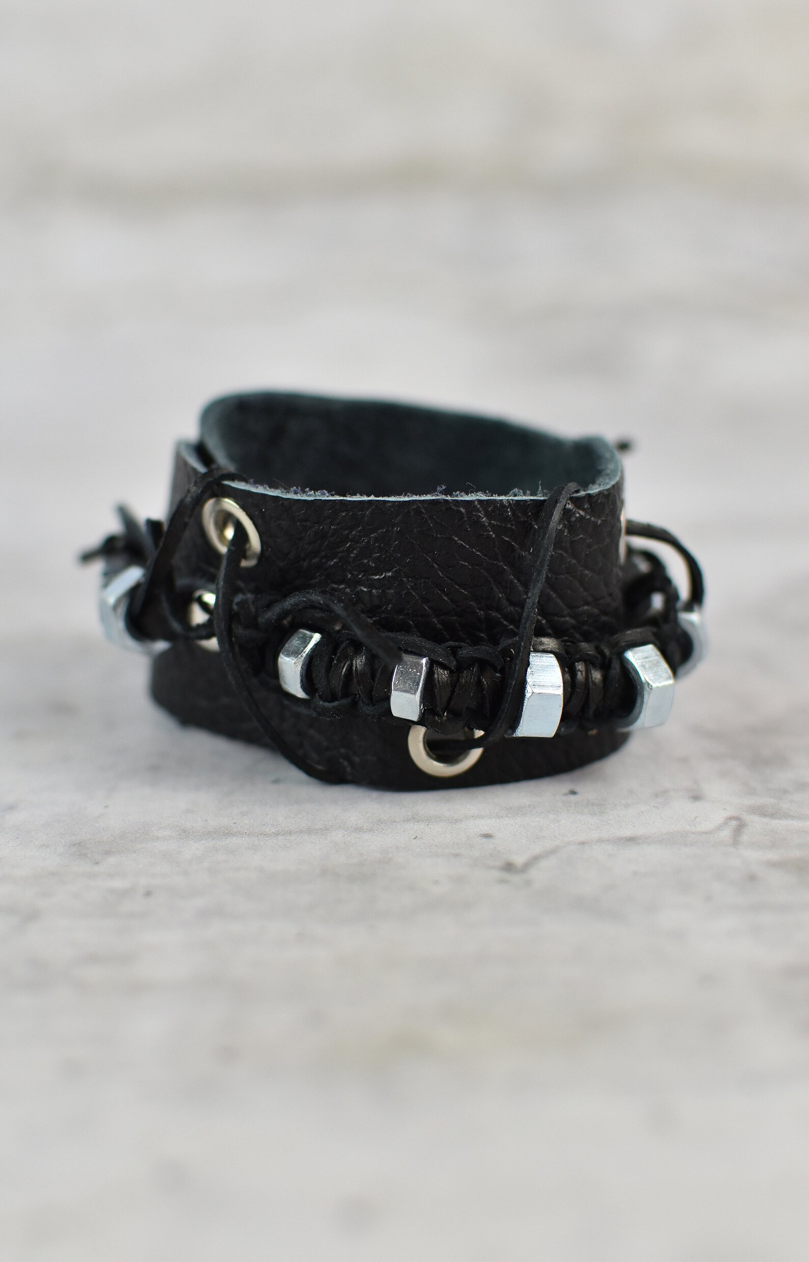 Industrial Nut Bracelet - Metalhead Leather Cuff - Leather Macrame Knot ...