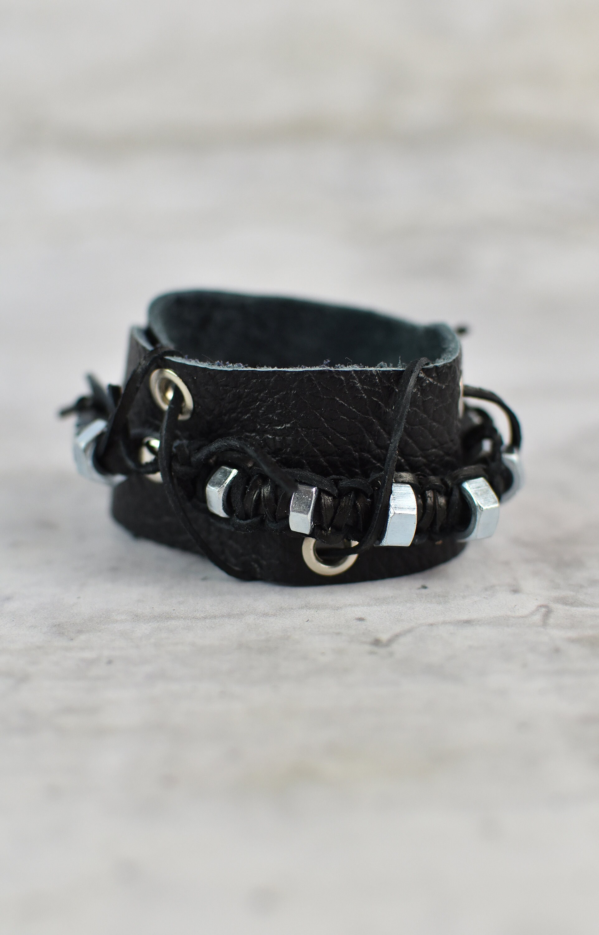 Industrial Nut Bracelet - Metalhead Leather Cuff - Leather Macrame Knot ...