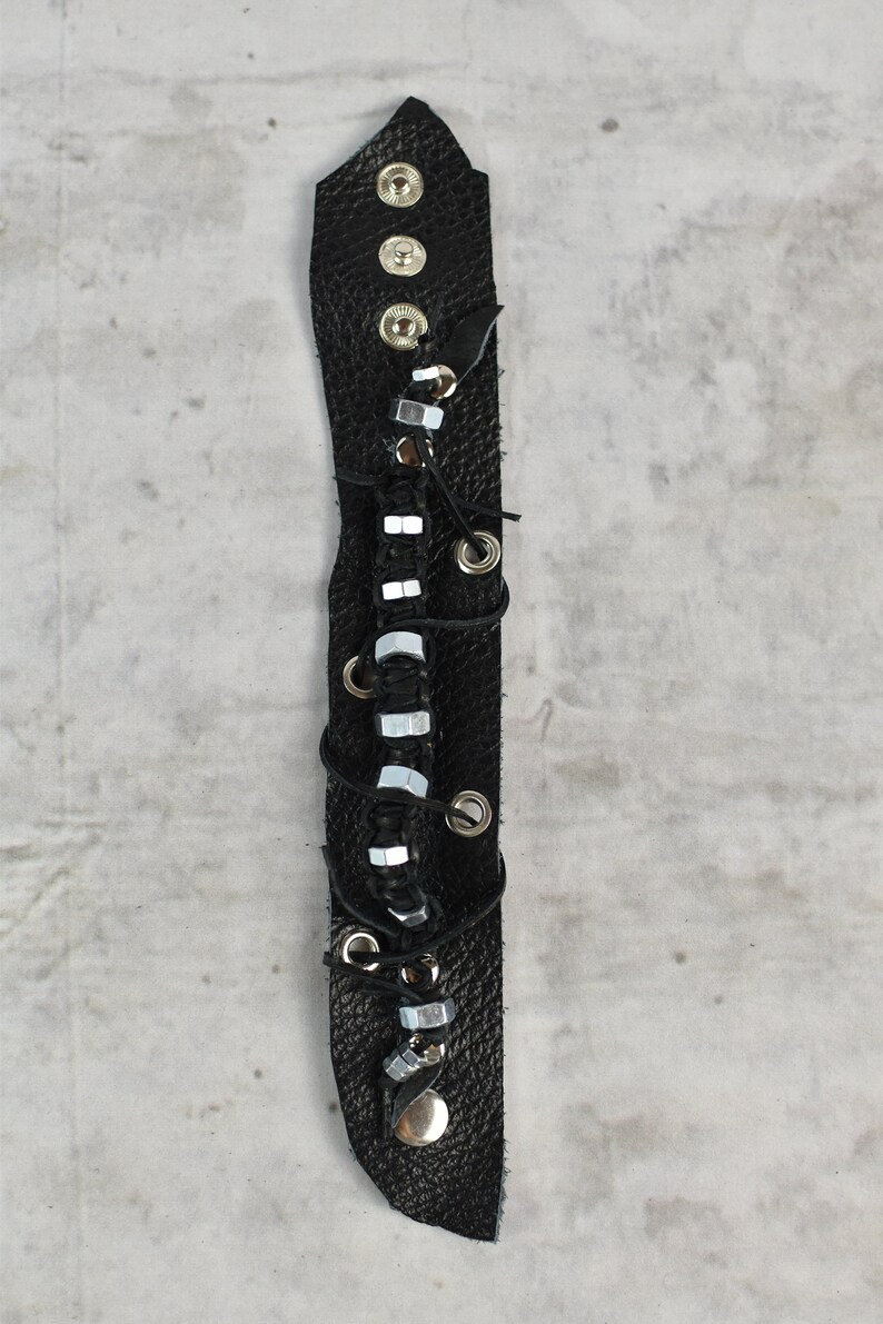 Industrial Nut Bracelet - Metalhead Leather Cuff - Leather Macrame Knot ...