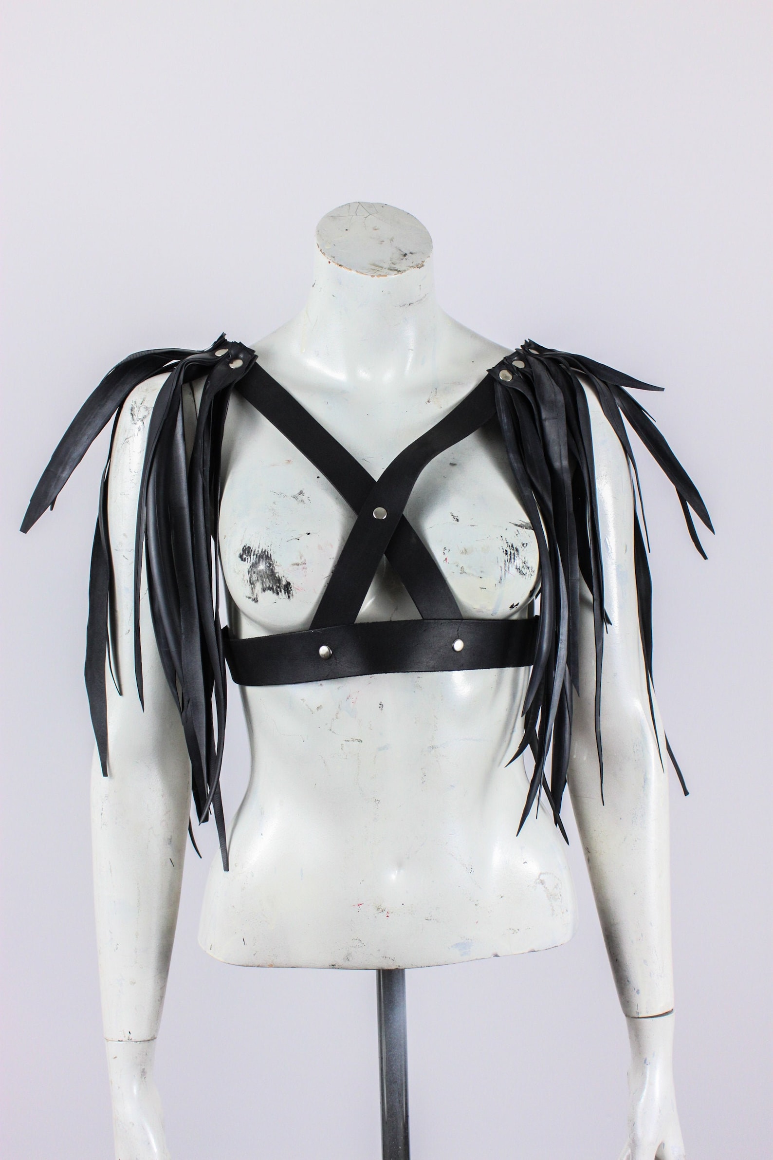 Black Leather Harness Handmade Cage Bra Tassel Pauldrons Alternative ...