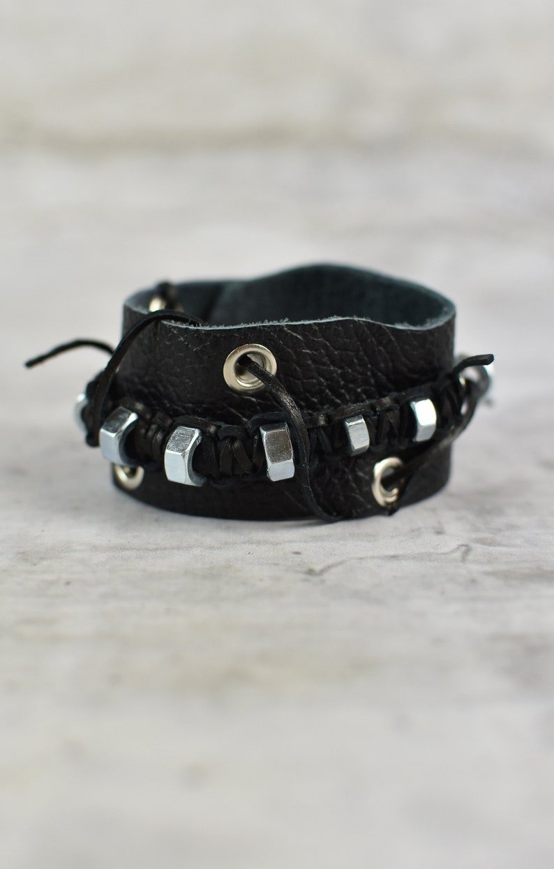 Industrial Nut Bracelet - Metalhead Leather Cuff - Leather Macrame Knot ...