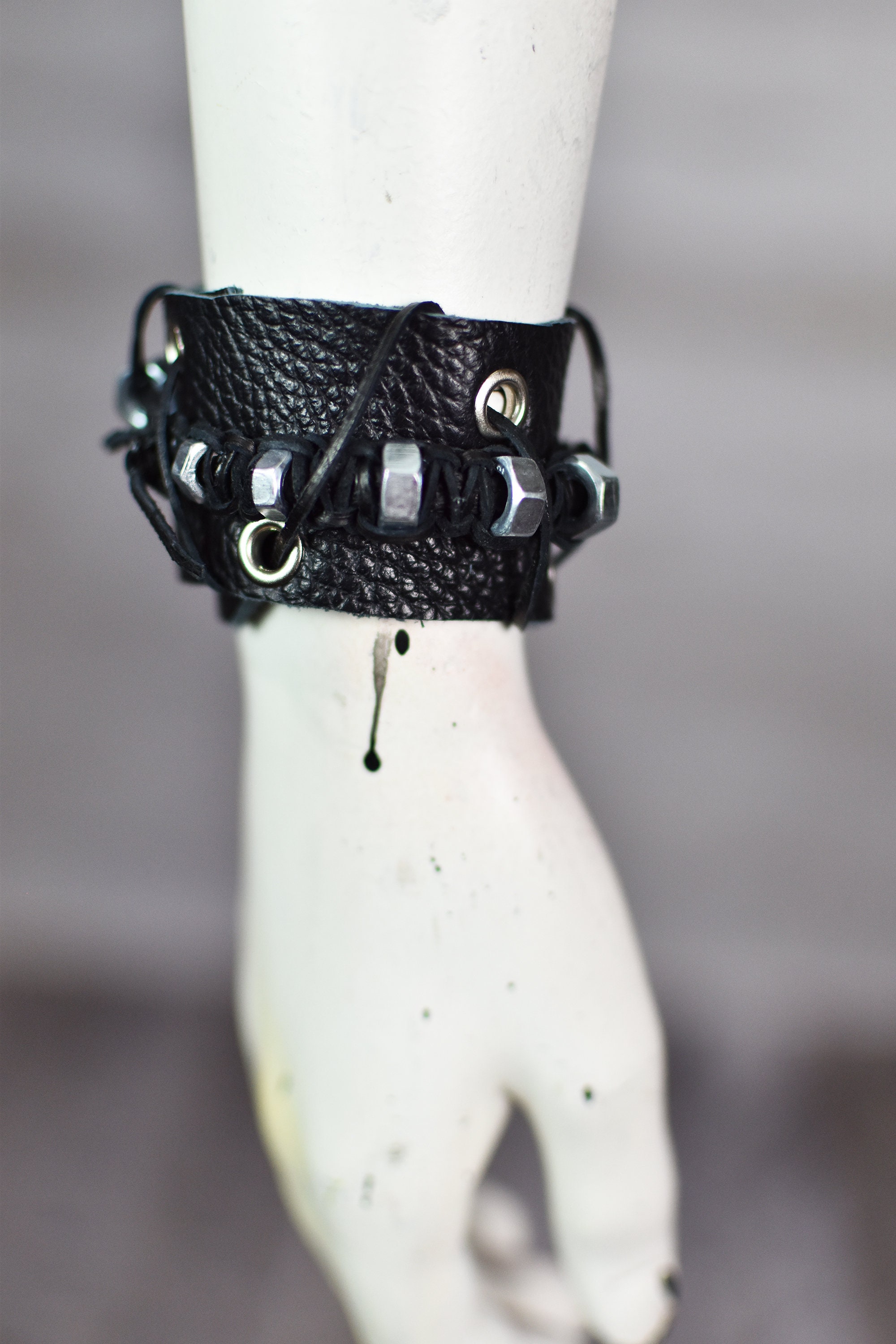Industrial Nut Bracelet - Metalhead Leather Cuff - Leather Macrame Knot ...
