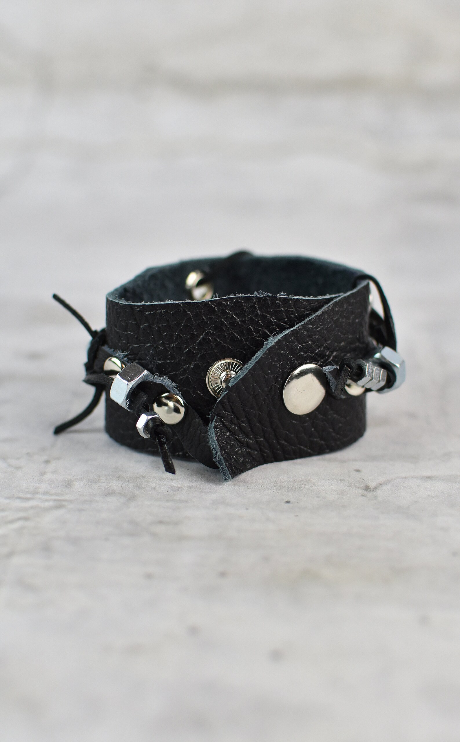 Industrial Nut Bracelet - Metalhead Leather Cuff - Leather Macrame Knot ...