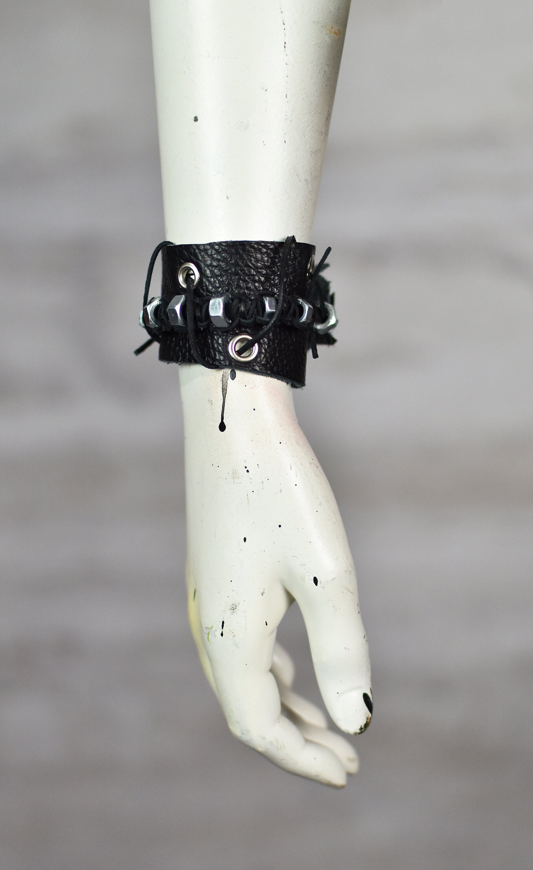 Industrial Nut Bracelet - Metalhead Leather Cuff - Leather Macrame Knot ...