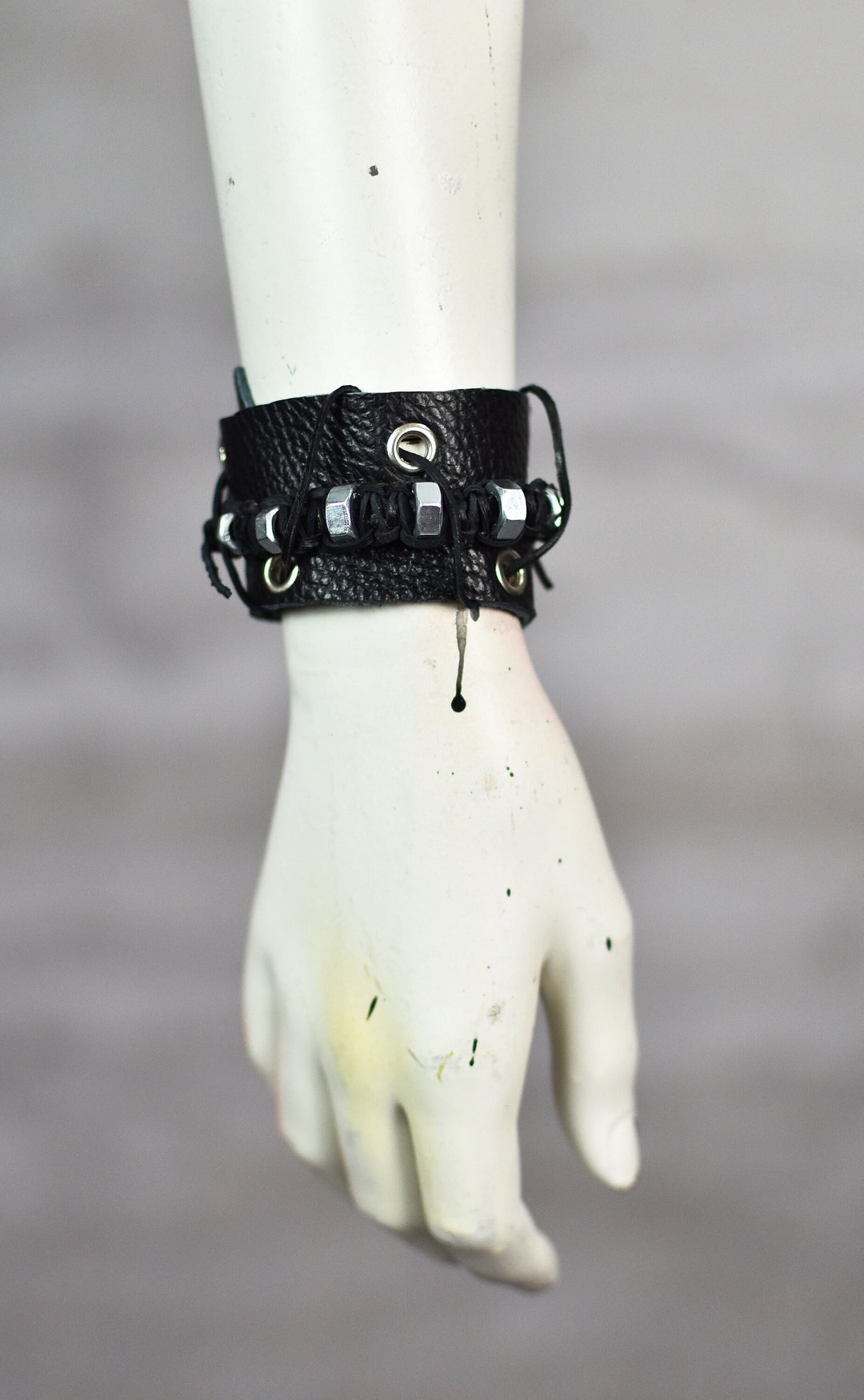 Industrial Nut Bracelet - Metalhead Leather Cuff - Leather Macrame Knot ...